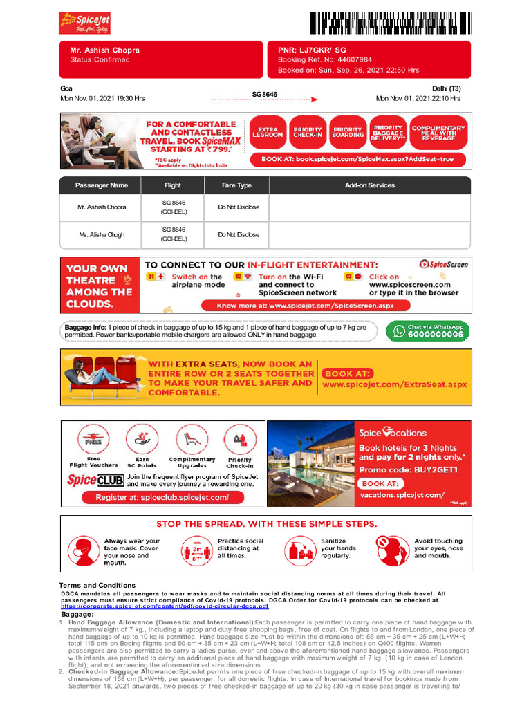 Spicejet_e-ticket_pnr_lj7gkr 01 Nov 2021 Goa-Delhi for Mr. Chopra | PDF ...