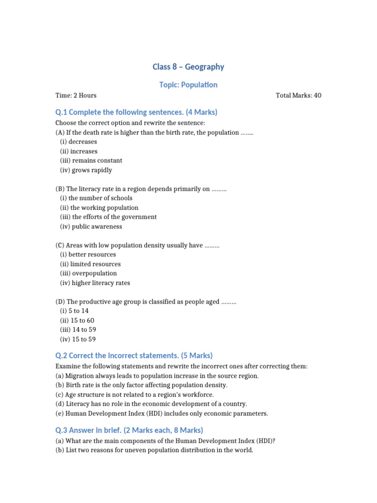 Class 8 Geography: Population Study Guide | PDF