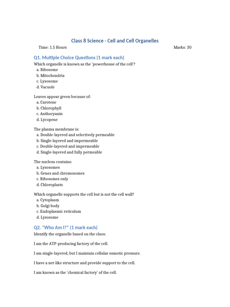 Class 8 Science: Cell Organelles Quiz | PDF