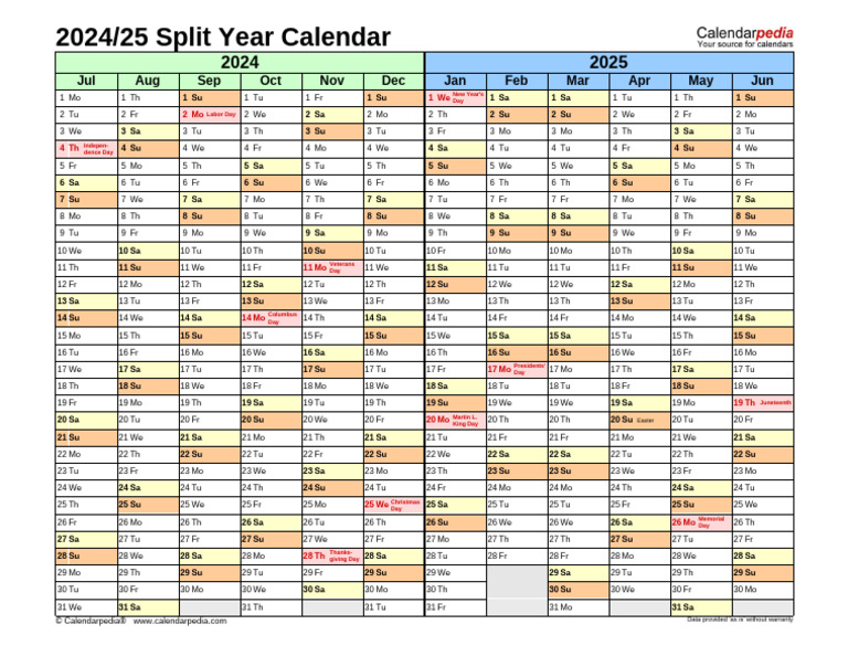 Split Year Calendar 2024 2025 Landscape | PDF