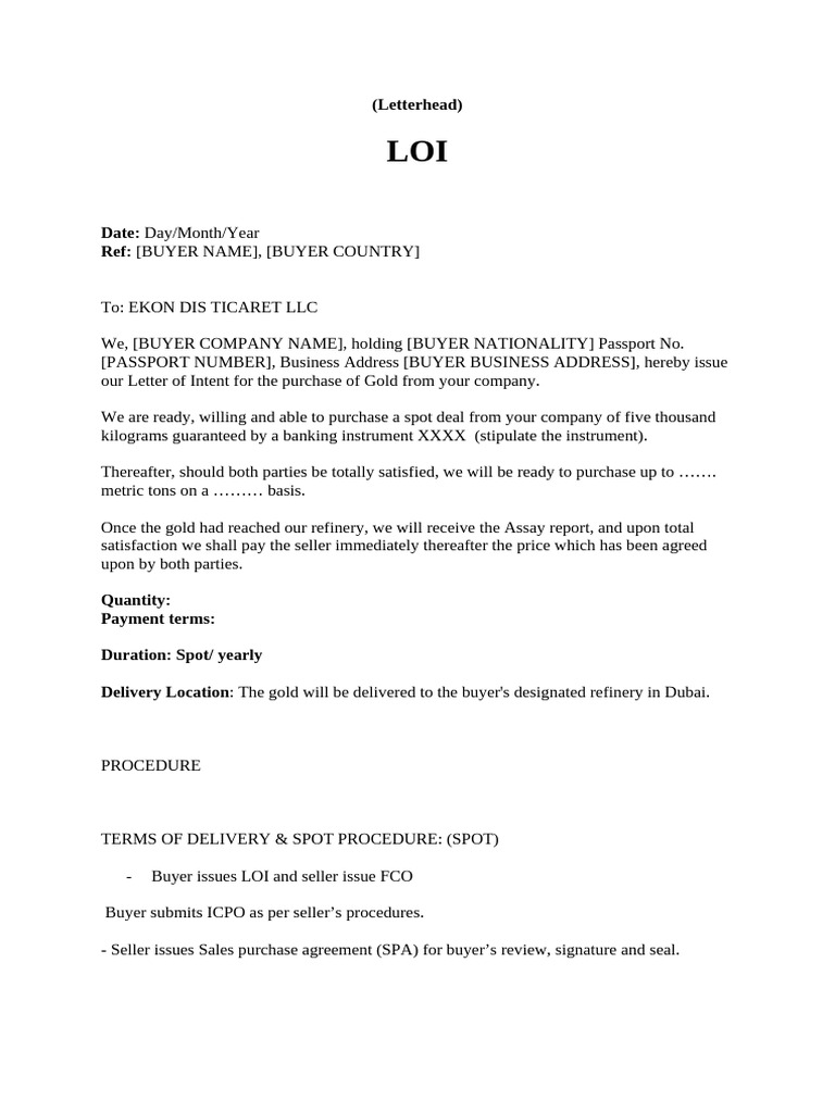 Gold Purchase LOI Template for Dubai | PDF