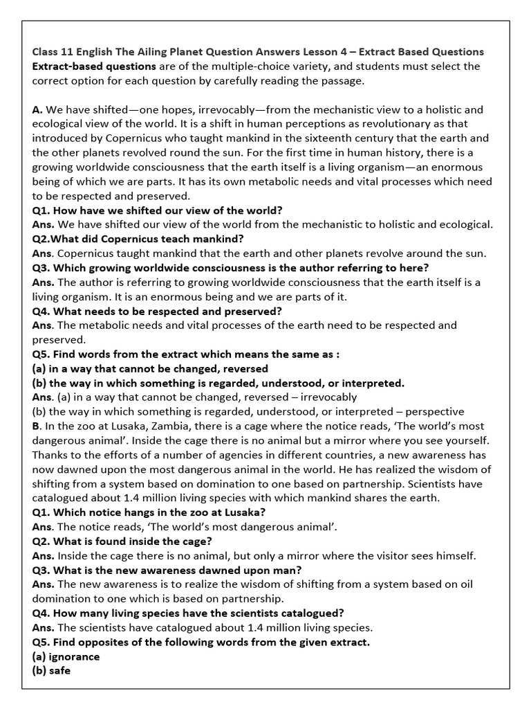 Class 11 English The Ailing Planet Question Answers Lesson 4 | PDF ...