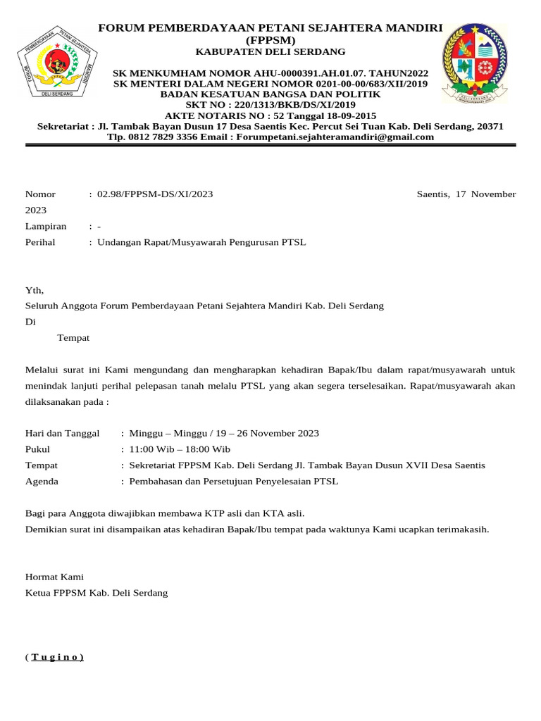 Surat Undangan Rapat PTSL | PDF