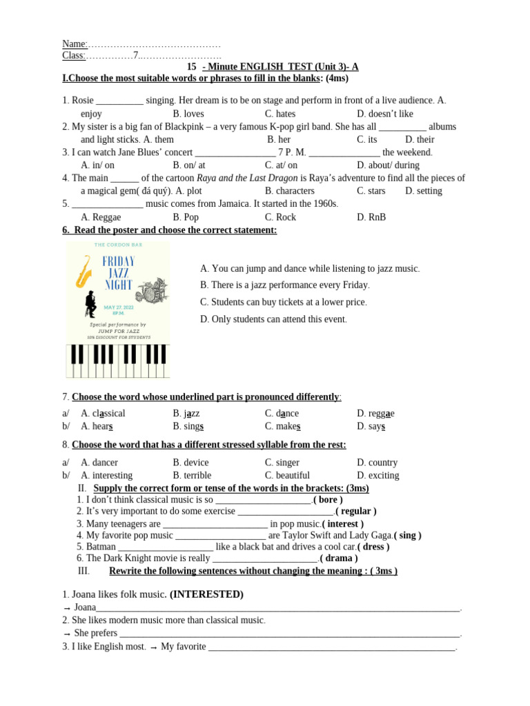 English Test on Music and Genres | PDF | Performing Arts