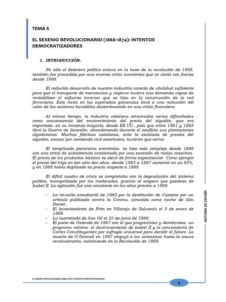 Tema 5. El Sexenio Revolucionario (1868-1874) Intentos Democratizadores. | PDF | España ...