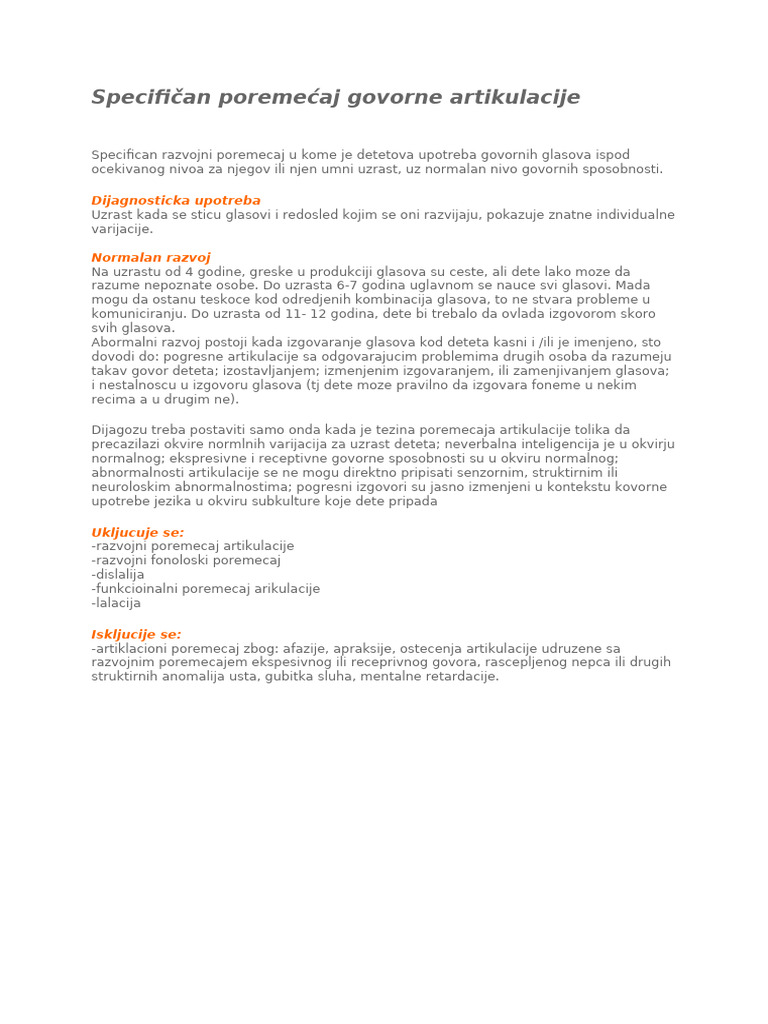 Specifičan Poremećaj Govorne Artikulacije | PDF