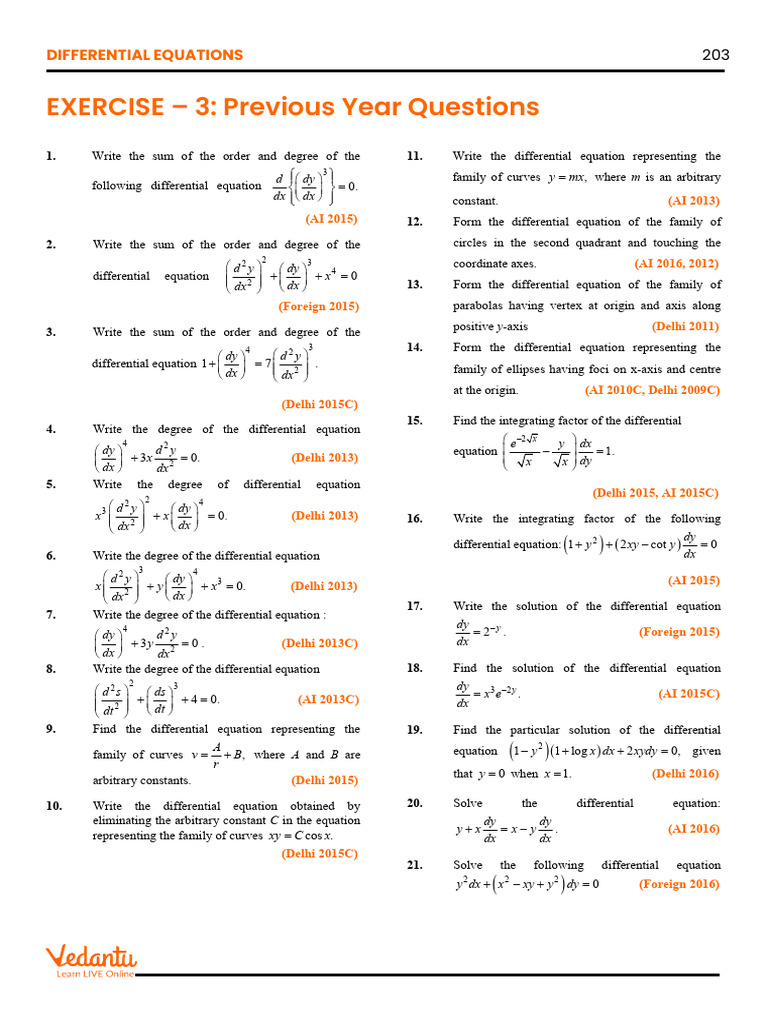 EXERCISE - 3: Previous Year Questions: Differential Equations | PDF | Mathematical Physics ...