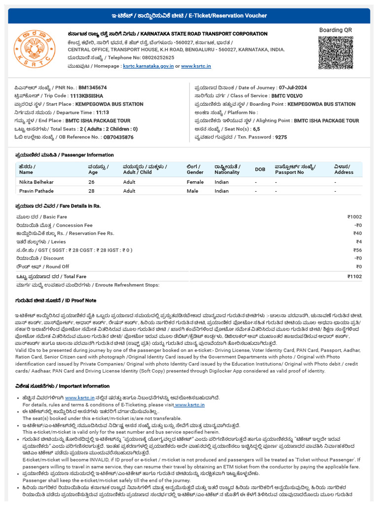 KSRTC - in Itinerary BM1345674 | PDF