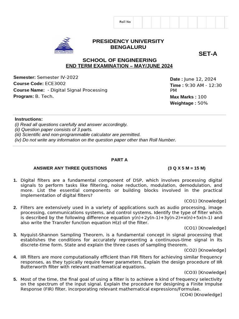 ECE3002-SET-A (2) | PDF | Filter (Signal Processing) | Digital Signal Processing