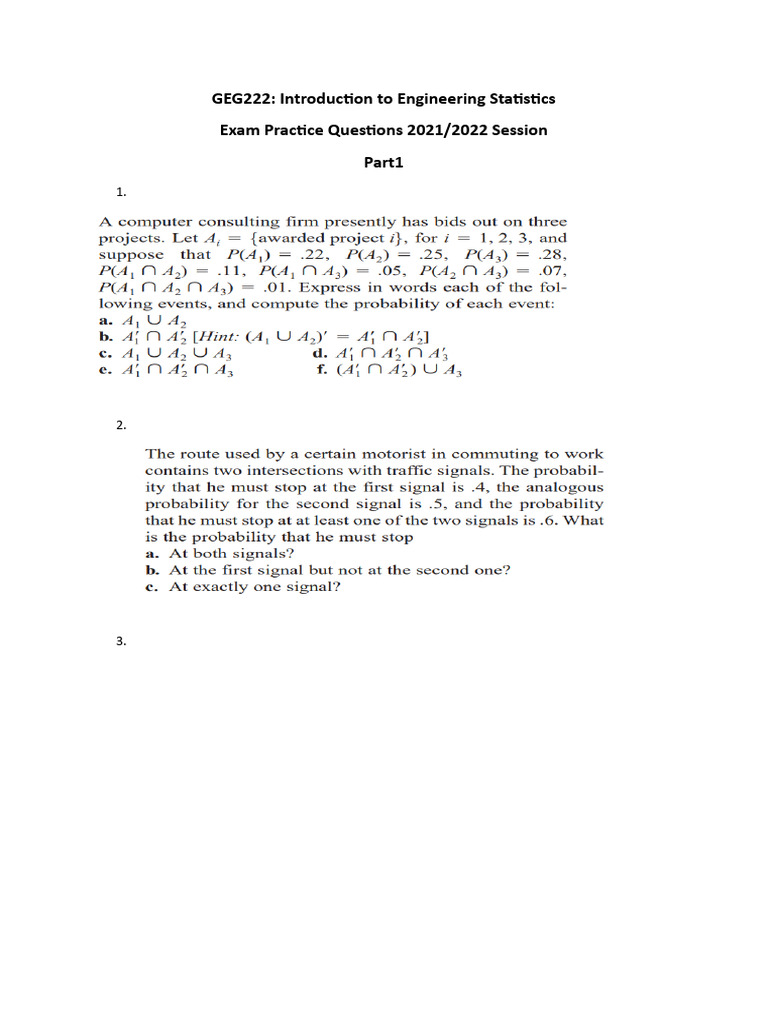 GEG222 Engineering Statistics Practice Quuestions | PDF