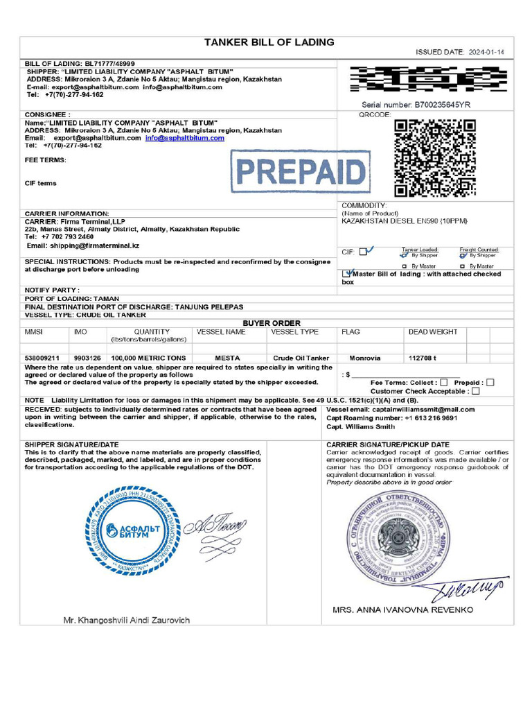 Tanker Bill of Lading D2-1 | PDF