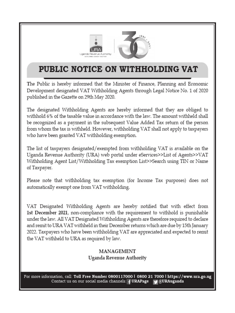 VAT Withholding Agents Notice Uganda | PDF