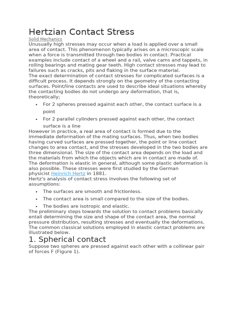 Hertzian Contact Stress | PDF | Stress (Mechanics) | Sphere