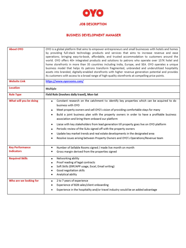Business Development Manager Role at OYO | PDF | Marketing | Economies
