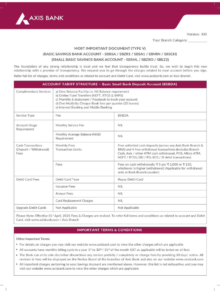 Axis Bank Basic and Small Basic Savings Account Mid | PDF
