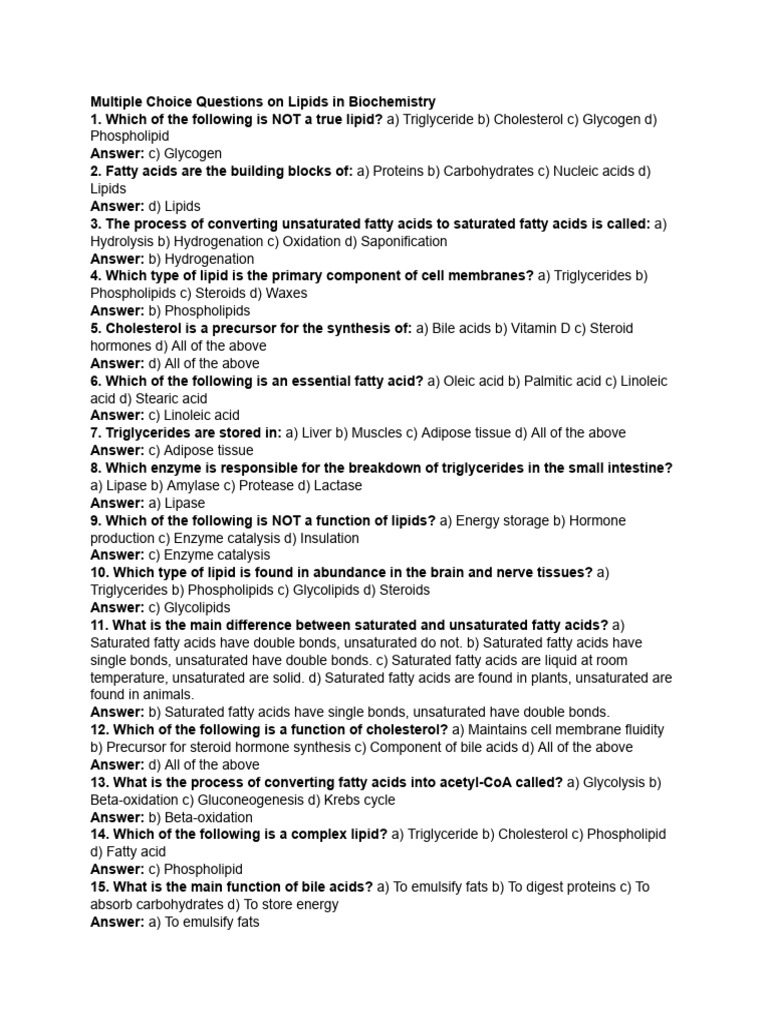 Lipid in Biochemistry Important 20 MCQ Question An... | PDF | Fatty ...
