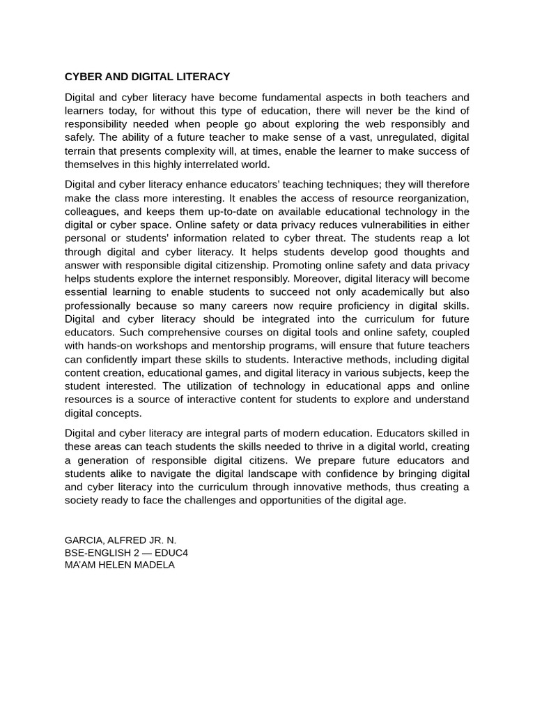 Cyber and Digital Literacy Act - Educ4 | PDF