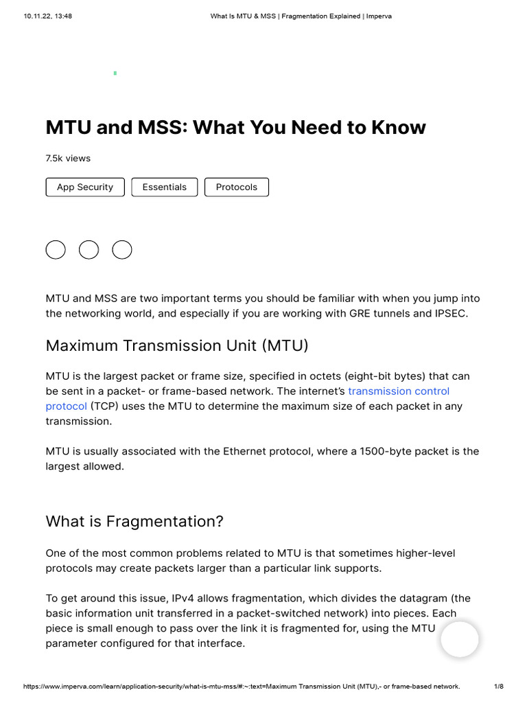 What Is MTU & MSS - Fragmentation Explained - Imperva | PDF | Transmission Control Protocol ...