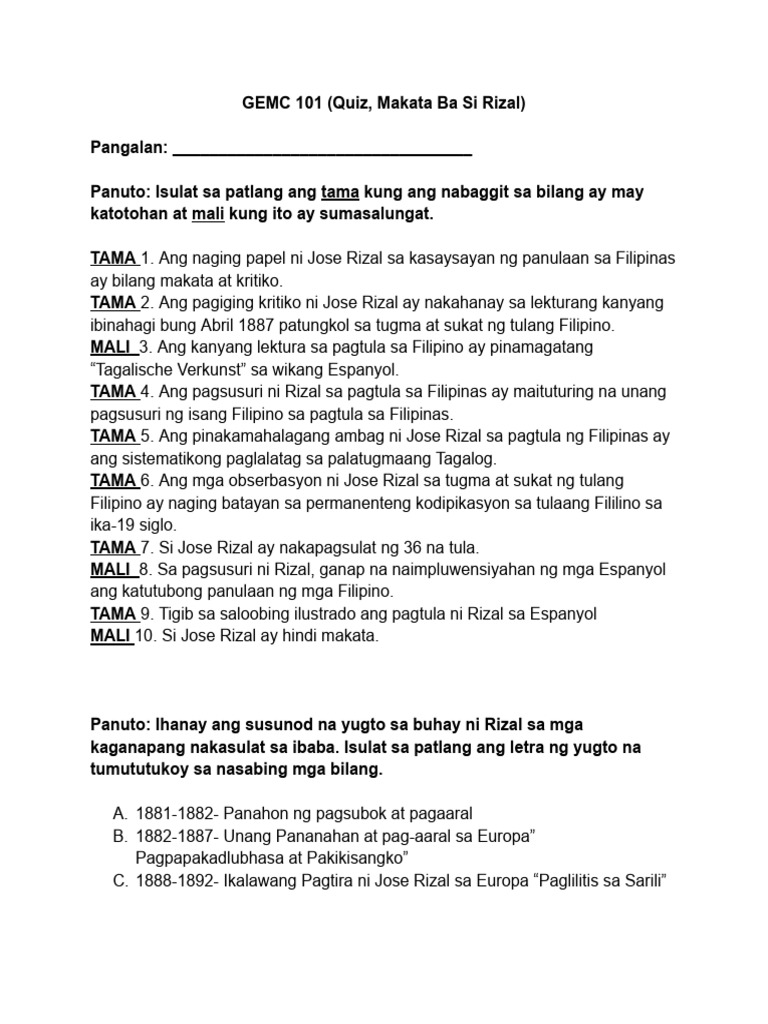 GEMC 101 Quiz Makata Ba Si Rizal | PDF