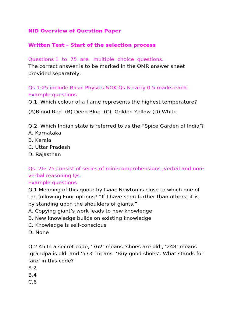 NID Overview of Question Paper Written Test and Studio Test 1 | PDF