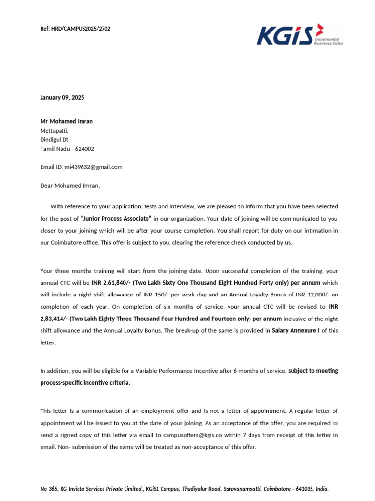 Junior Process Associate Job Offer | PDF | Salary | Public Finance