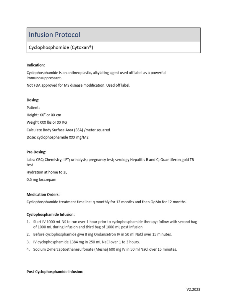 Cyclphosphamide Infusion Protocol | PDF
