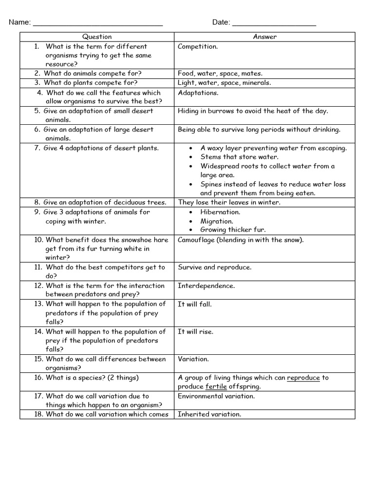 Adaptations & Inheritance Questions_ANSWERS | PDF | Dna | Evolution