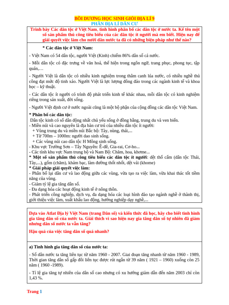 Tai Lieu BD HSG Dia 9 Phan Dia Li Dan Cu | PDF