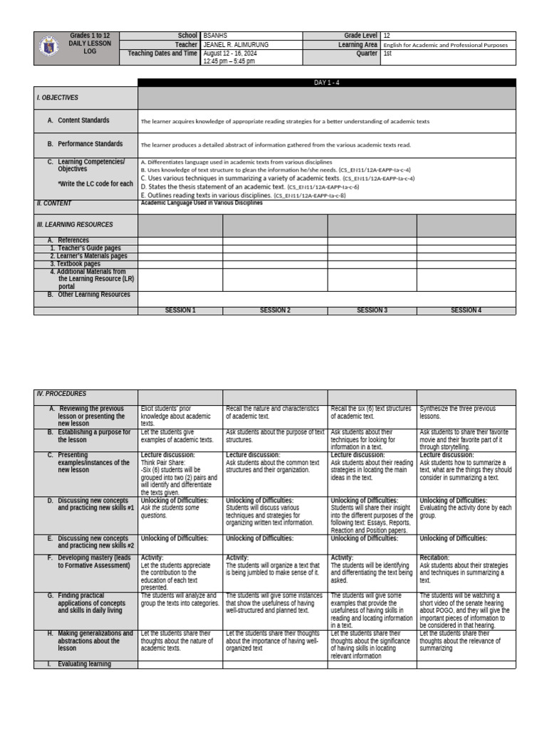 EAPP DLL Q1 W1 | PDF | Lecture | Learning