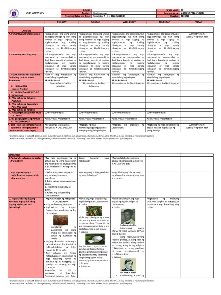 DLL ARALPAN3 Q2 W1 Newedumaymay | PDF