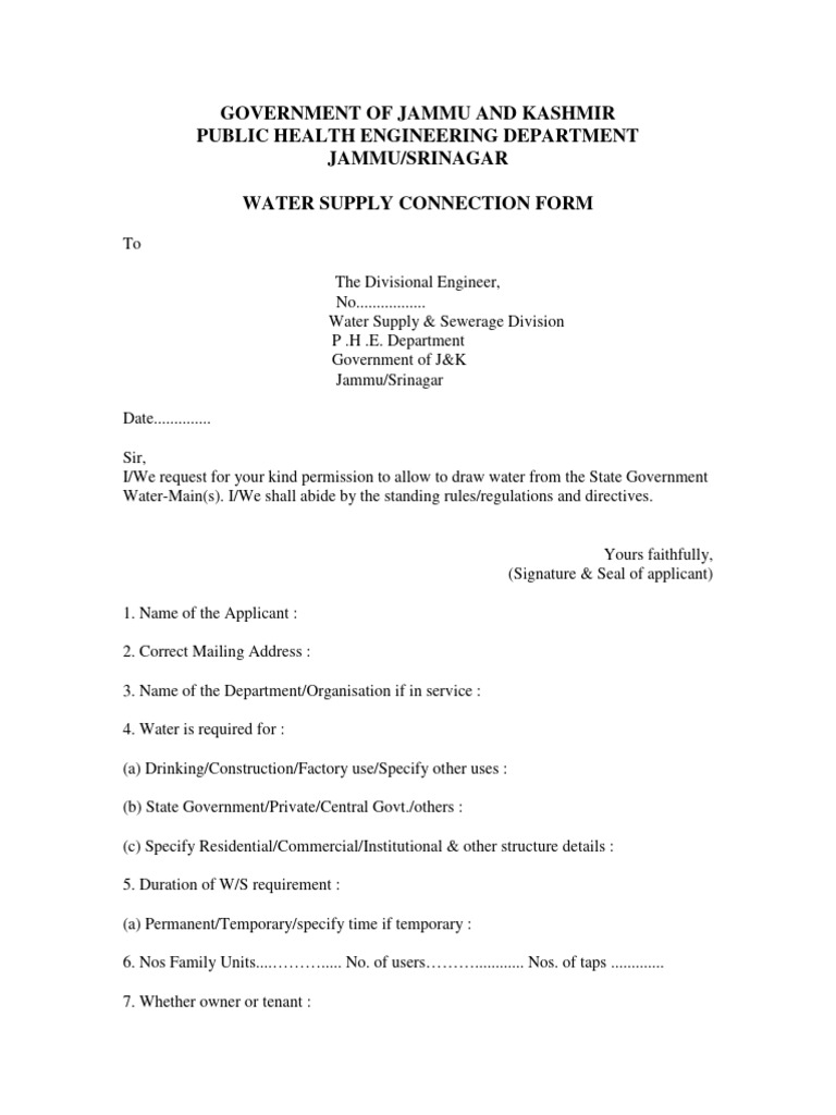 Water Supply Connection Application Form Pdf