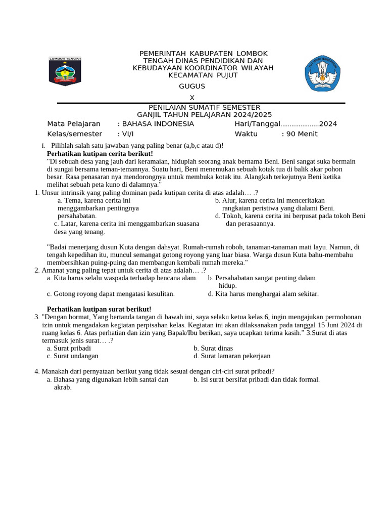 Soal Bhs.indonesia Semester 1 Kls 6 2024 | PDF
