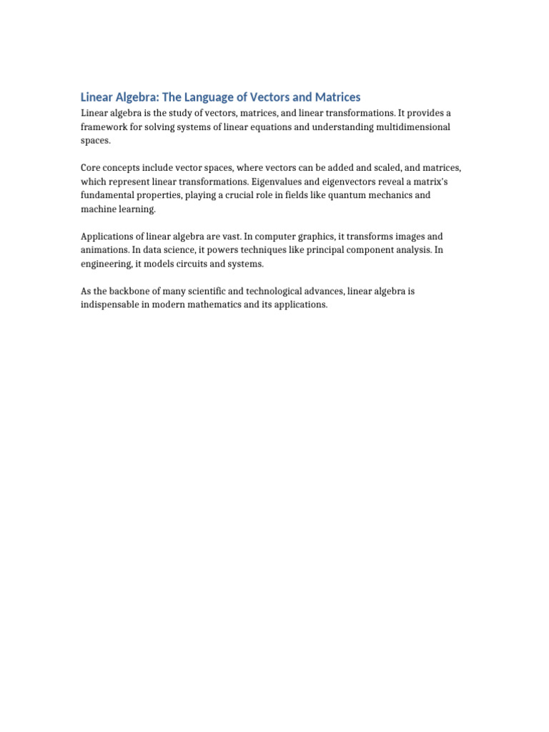 Linear Algebra the Language of Vectors and Matrices | PDF