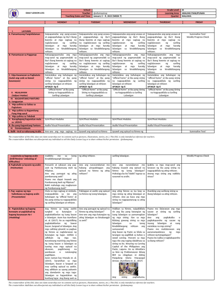 DLL ARALPAN3 Q2 W7 Newedumaymay | PDF