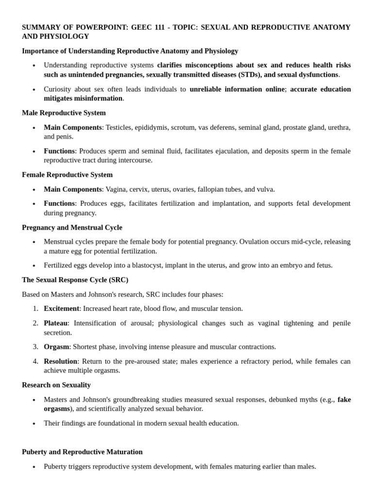 GESNSOC Sexual Anatomy and Physiology Summary | PDF | Reproductive ...
