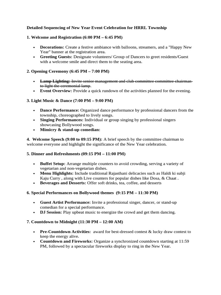 Detailed Sequencing of New Year Event Celebration for HRRL Township | PDF