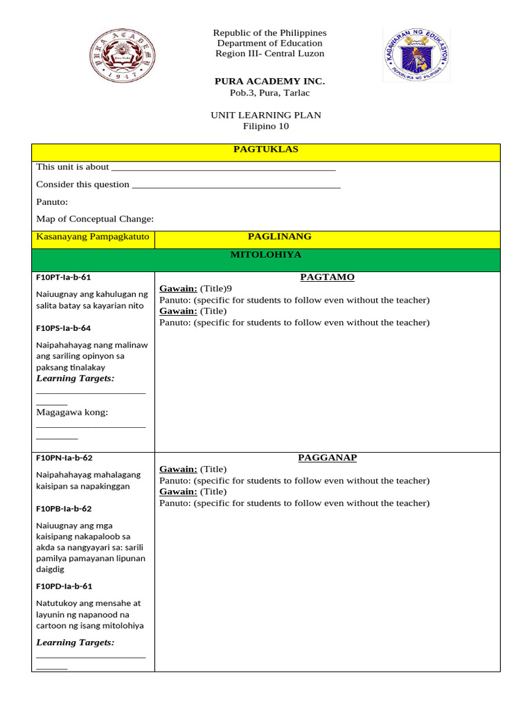 Grade 10 UNIT LEARNING PLAN | PDF