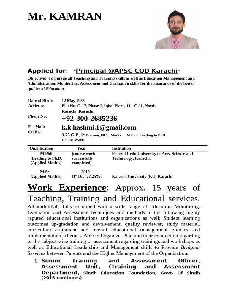 CV For Principal APSC Malir Cantt | PDF | Mathematics