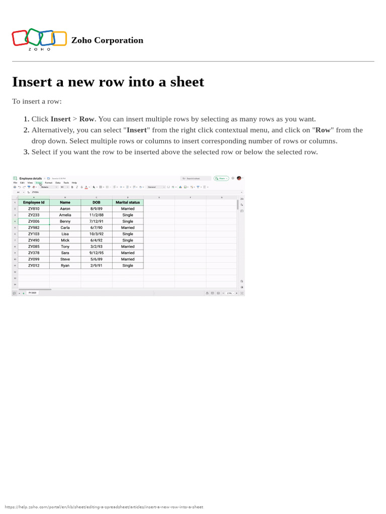 Inserting Rows in Zoho Sheets | PDF