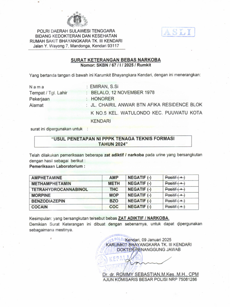 Surat Keterangan Bebas Narkoba | PDF
