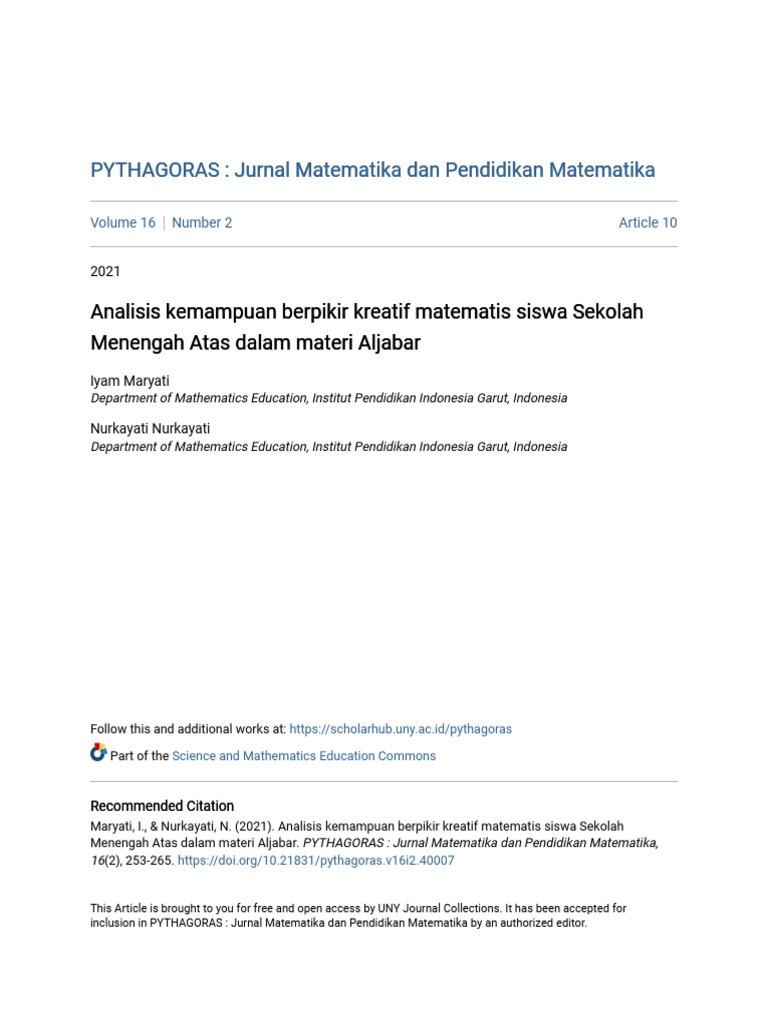 Analisis Kemampuan Berpikir Kreatif Matematis Siswa Sekolah Menen | PDF