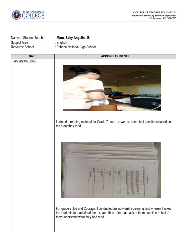 MORA Baby Angeline E. BSED 4K Accomplishment Report | PDF | Teachers ...