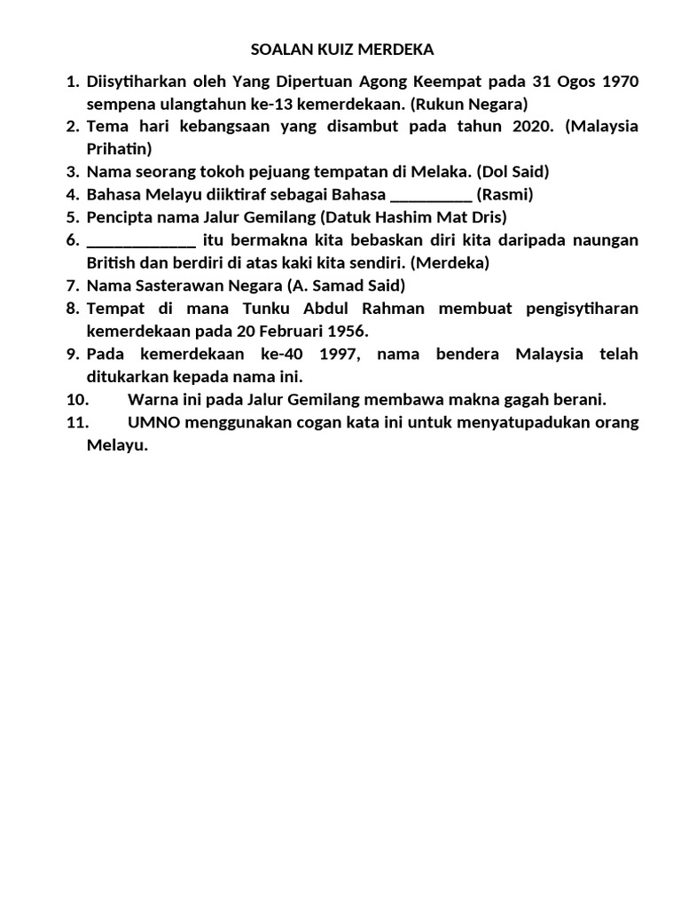 SOALAN KUIZ MERDEKA | PDF