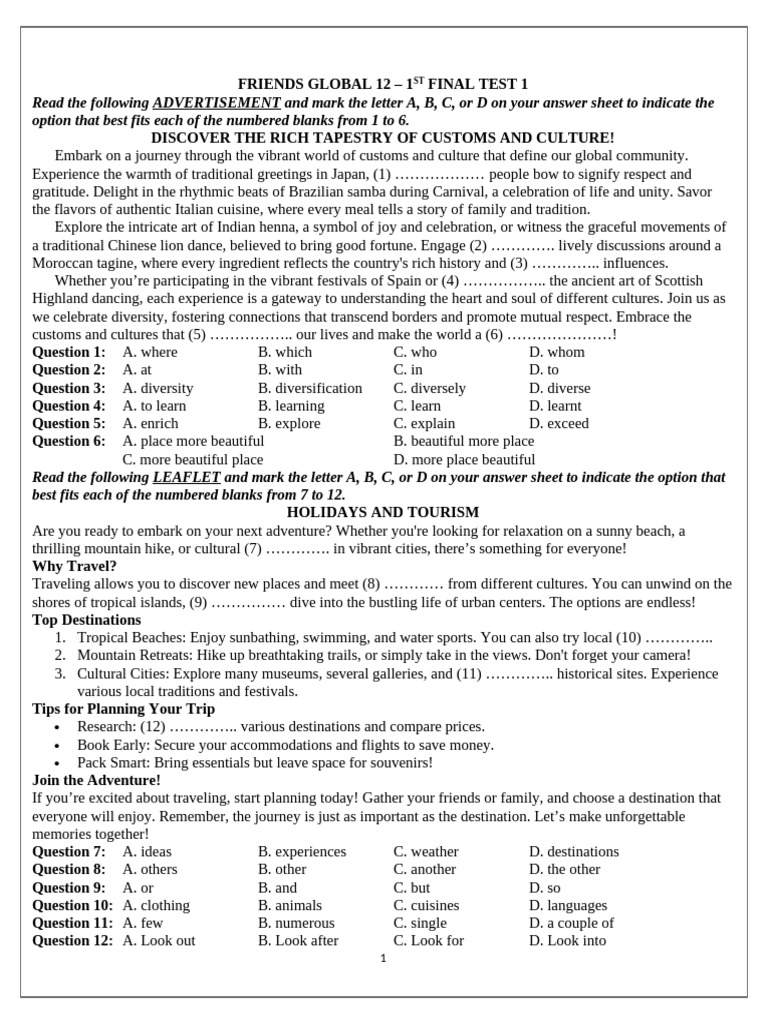 FG12 - ĐỀ ÔN HK1 MH2025 - 18.10.2025 - ĐỀ | PDF | Nonverbal Communication | Communication