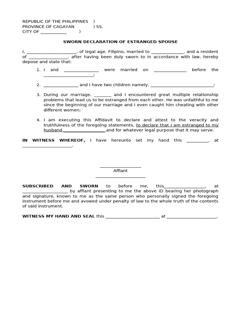 Sworn Declaration of Estranged Spouse | PDF
