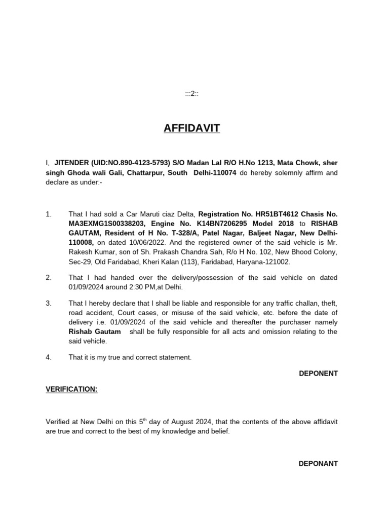 Vehicle Sale Affidavits | PDF | Affidavit | Delhi