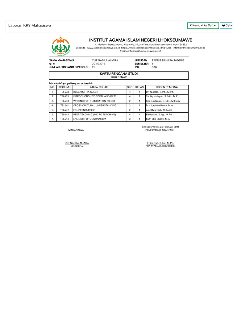 KRS Mahasiswa Semester 6 | PDF