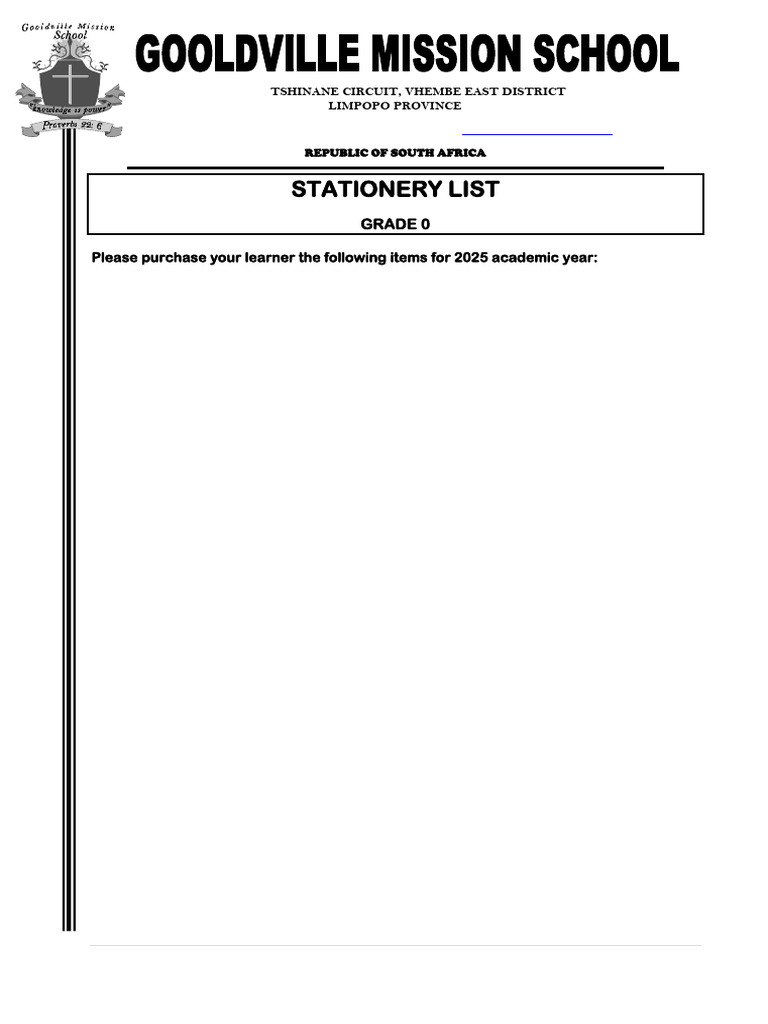 Stationery List Grade 0 2025 | PDF