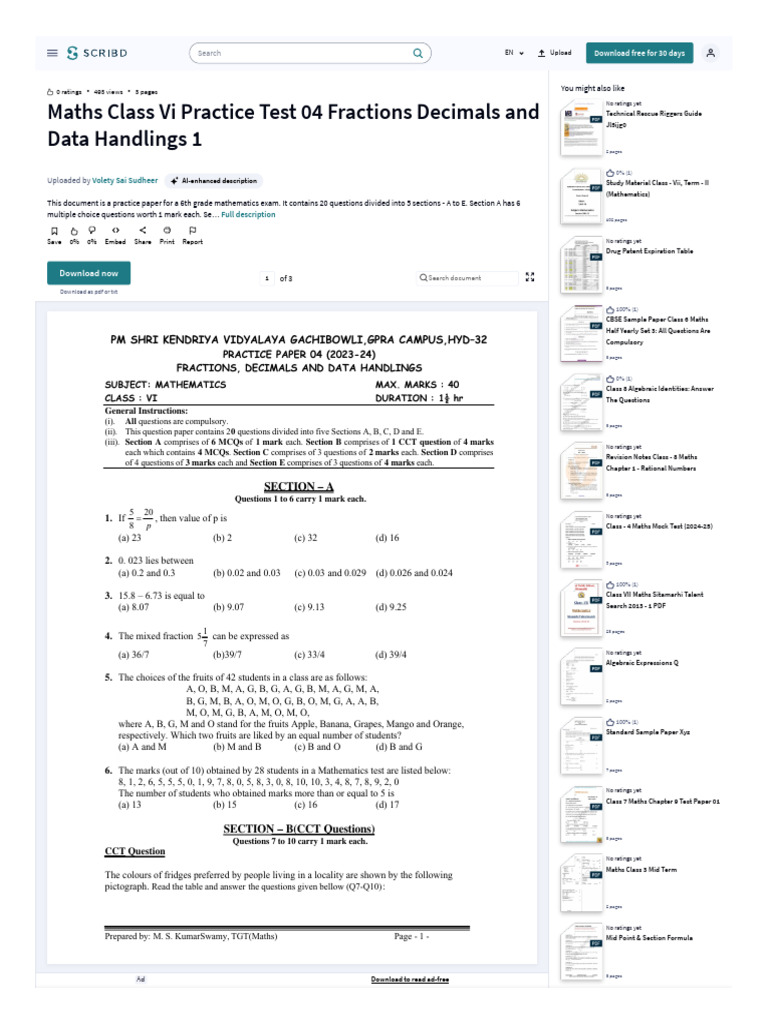 WWW Scribd Com Document 700588013 Maths Class Vi Practice Test 04 ...