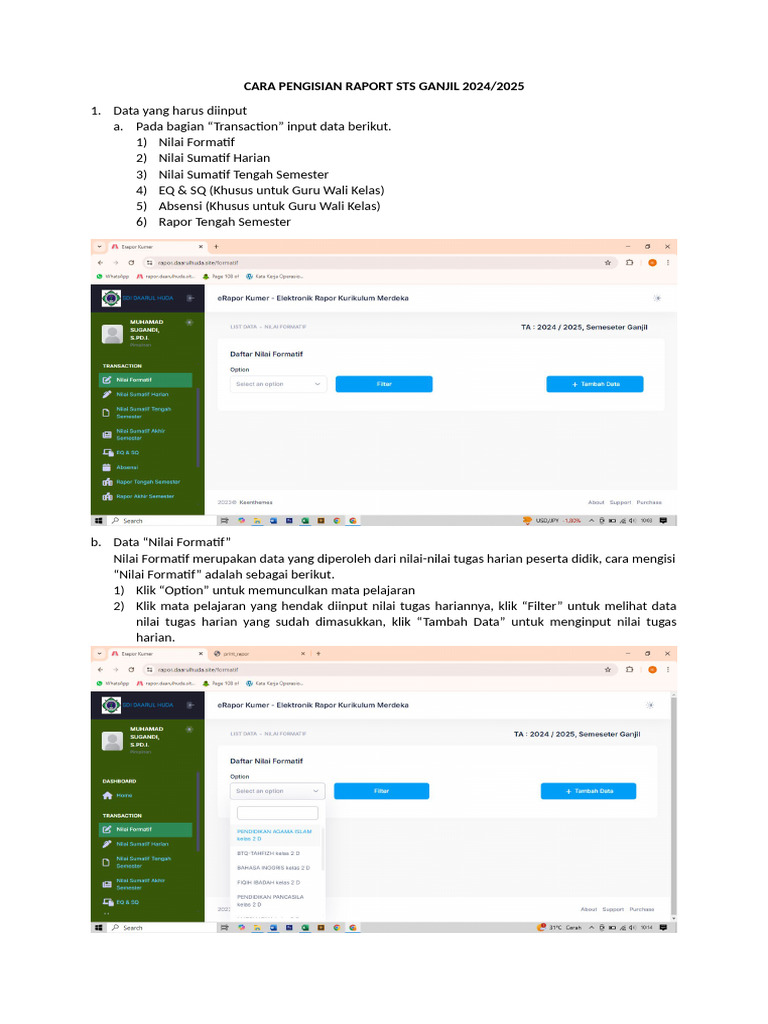 Cara Pengisian Raport STS Ganjil 2024 | PDF